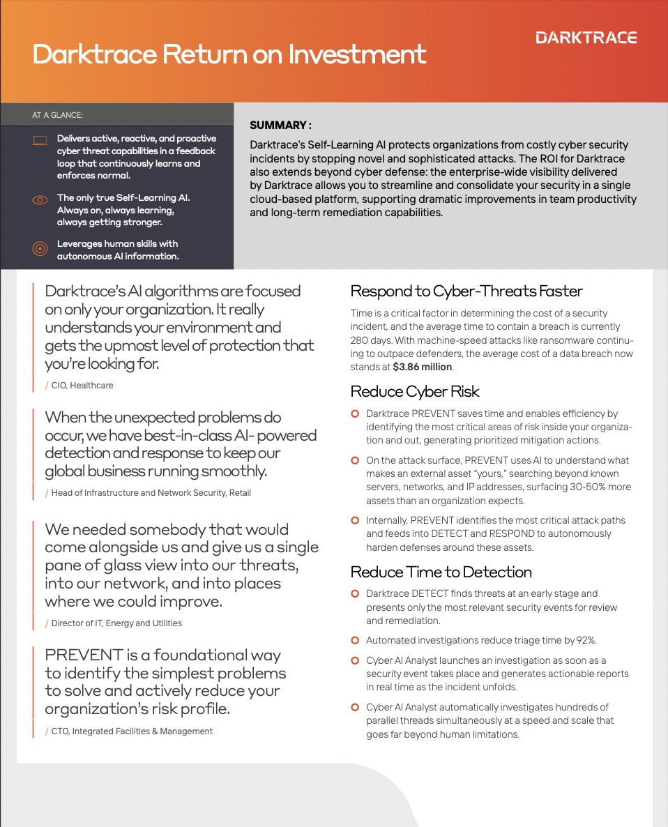 Darktrace Return on Investment | Data Sheet | Darktrace Resource